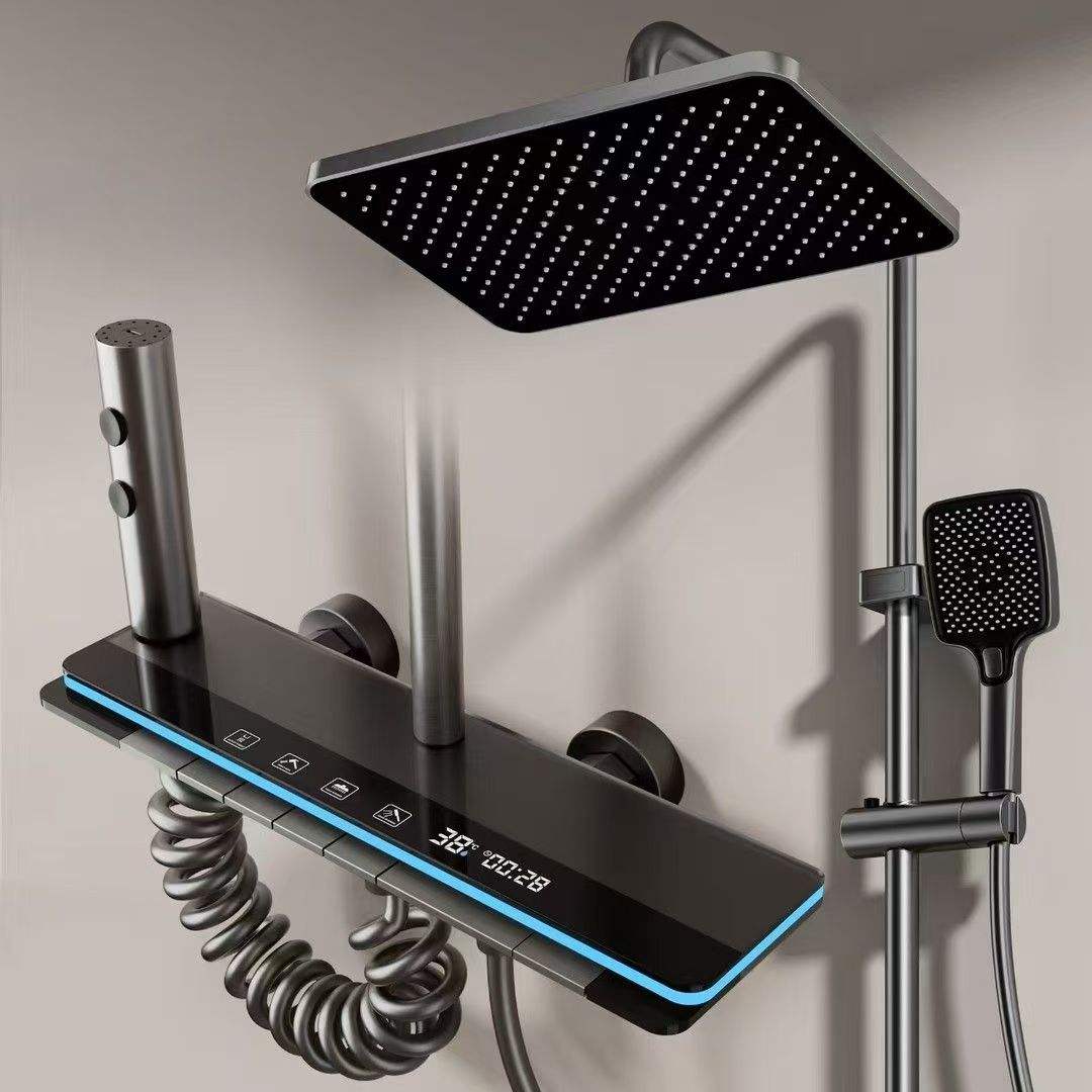 LED Digital Display Shower Set Polished Bath Faucet System Rainfall So ...